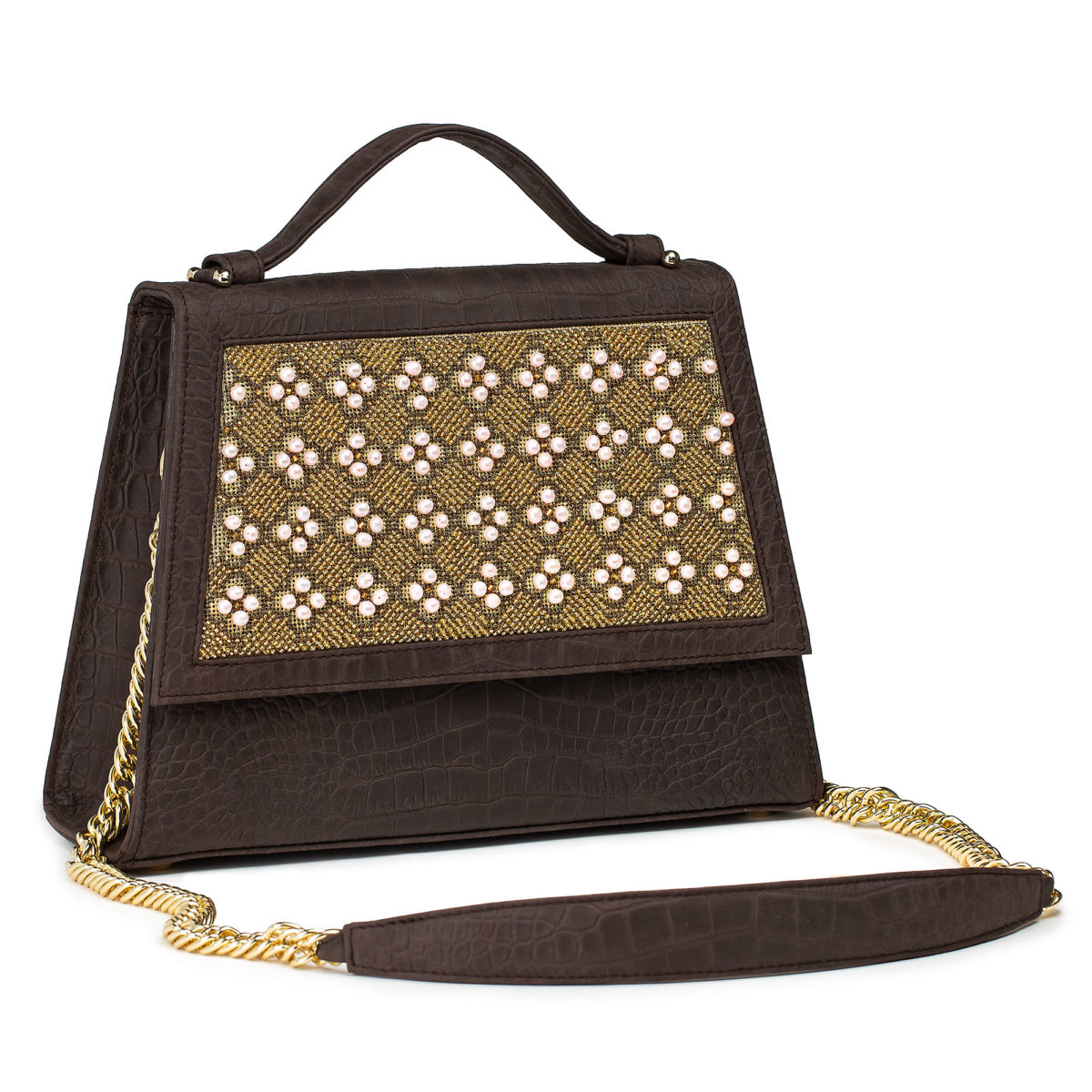 ‘Lena’ Hand-Embroidered Grey Croc-Effect Top-Handle Leather Bag – Chrysi Z.